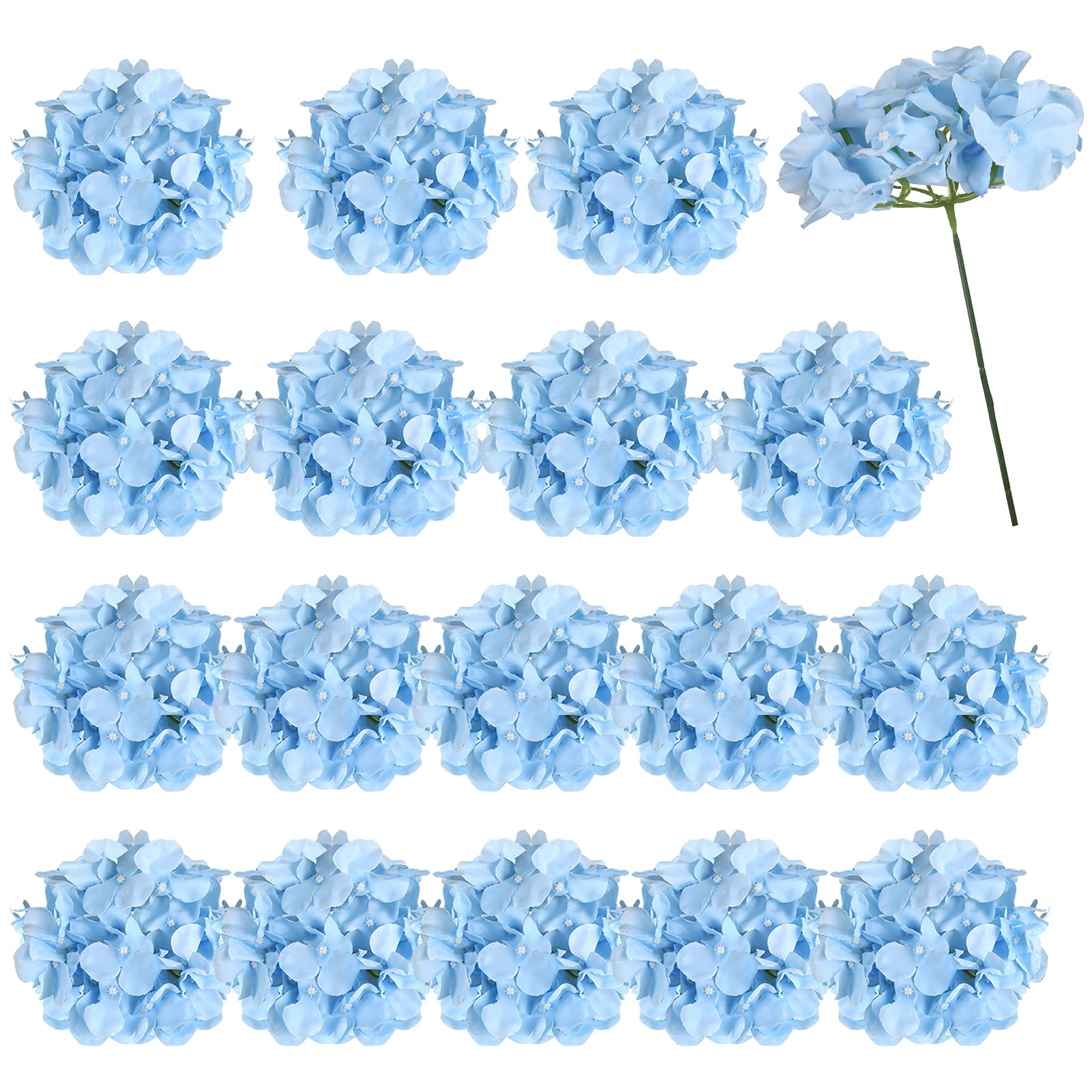 Auihiay 18 Pieces Hydrangea Artificial Flowers Silk Hydrangea Flowers Heads with Stems for Home, Garden, Wedding, Baby Shower, Party Decorations (Blue)