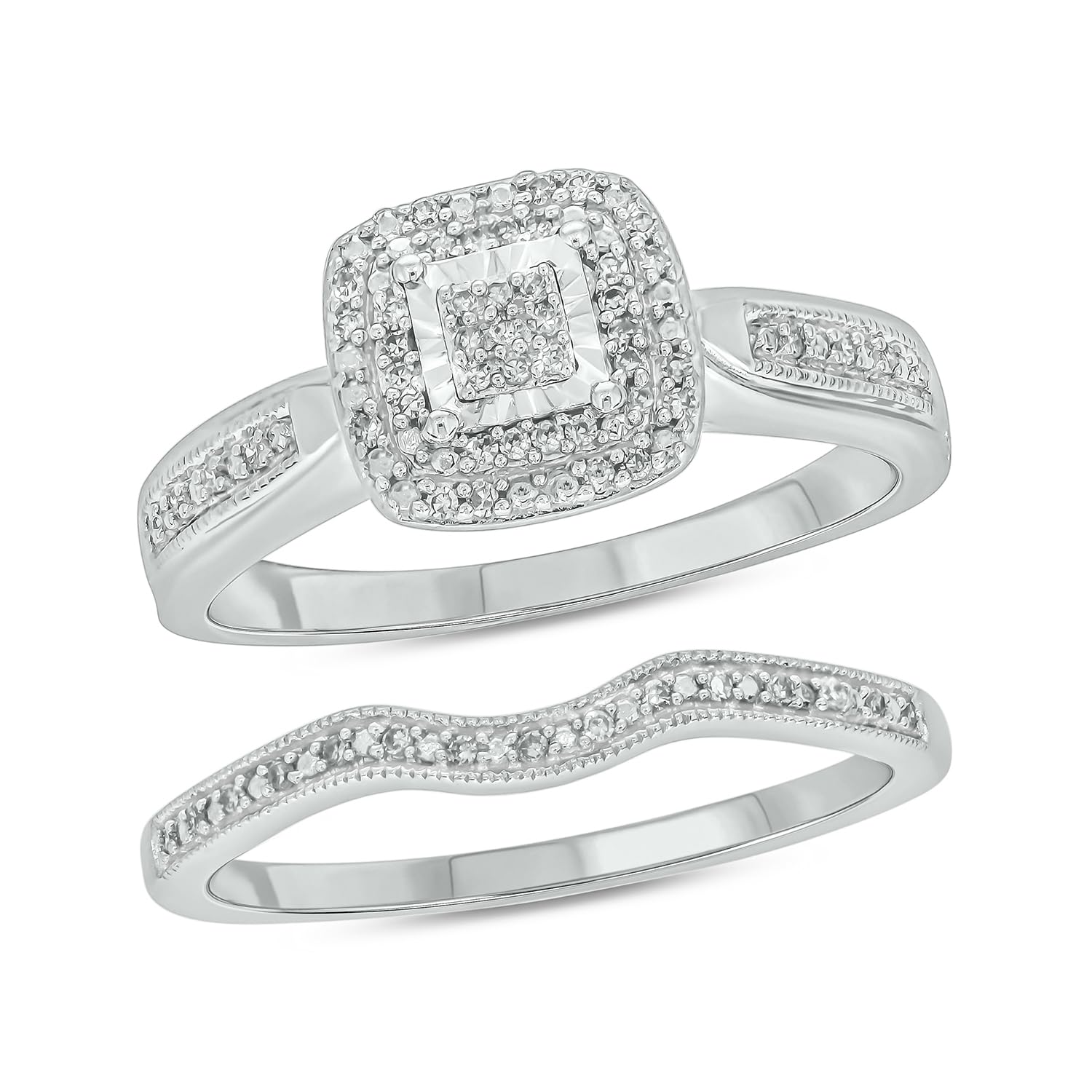 Cali Trove 1/5cttw Diamond Wedding Ring Set for Women in 925 Sterling Silver (Size-9) | Square Double Halo Diamond Engagement Ring for Women with Matching Half Eternity Diamond Wedding Band (White)