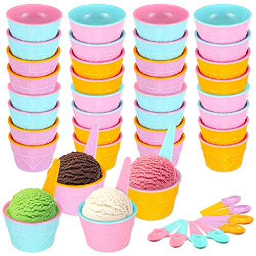 40 Pack Ice Cream Bowls and Spoons Set for Kids Bulk Plastic Pastel Colors Ice Cream Bowls Reusable Sundae Dessert Frozen Yogurt Bowls for Holiday Birthday Ice Cream Party Supplies Decorations
