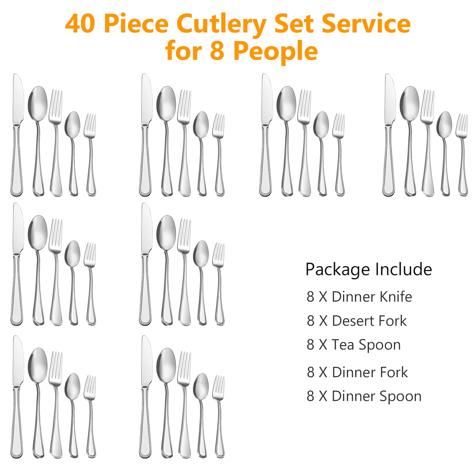 40 Pieces Silverware Set for 8, ASKSCICI Stainless Steel Flatware Cutlery Set for Home and Restaurant, Including Knife, Fork & Spoon, Modern Design, Dishwasher Safe