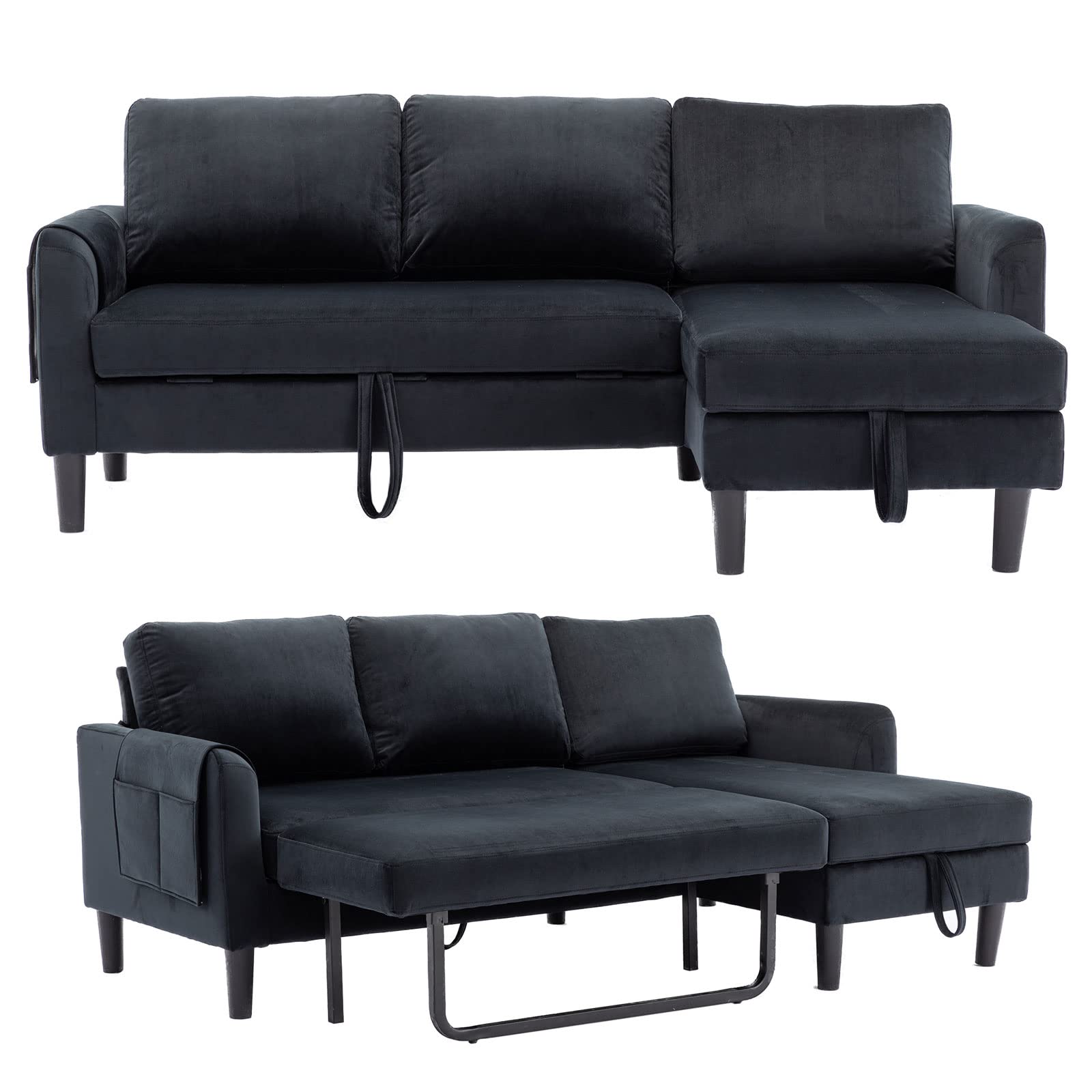 Akrenar Reversible Sectional Sofa with Storage, Modern Velvet Fabric Sleeper Sofa L-Shaped Couch, Sectional Couches for Living Room, Bedroom, Apartment,Office(Black)
