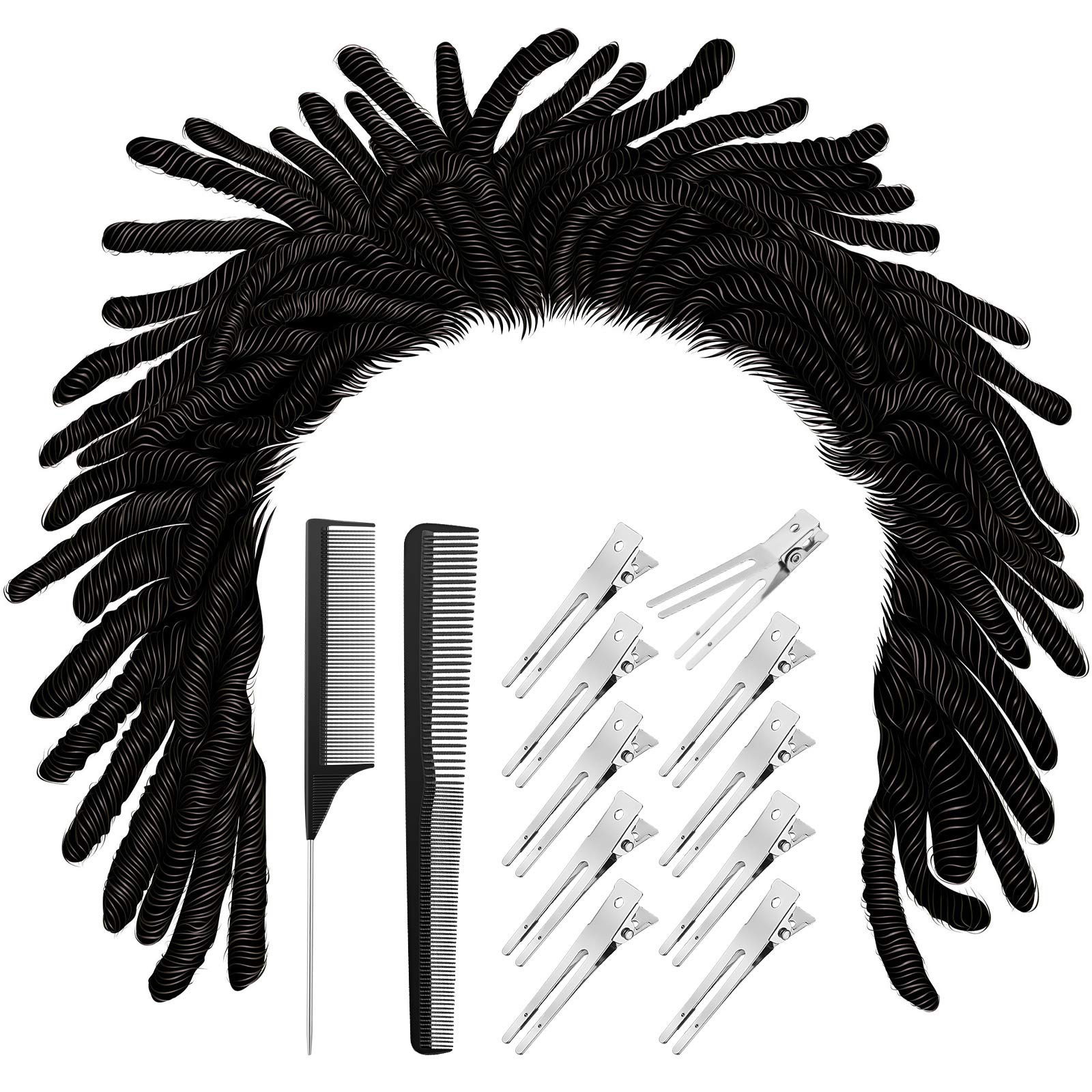 Patelai 52 Pcs Professional Comb Set Carbon Fiber Hair Combs for Women Men Include Rat Tail Taper 50 Double Prong Curl Clips for All Hair Types Natural Curly(Black)