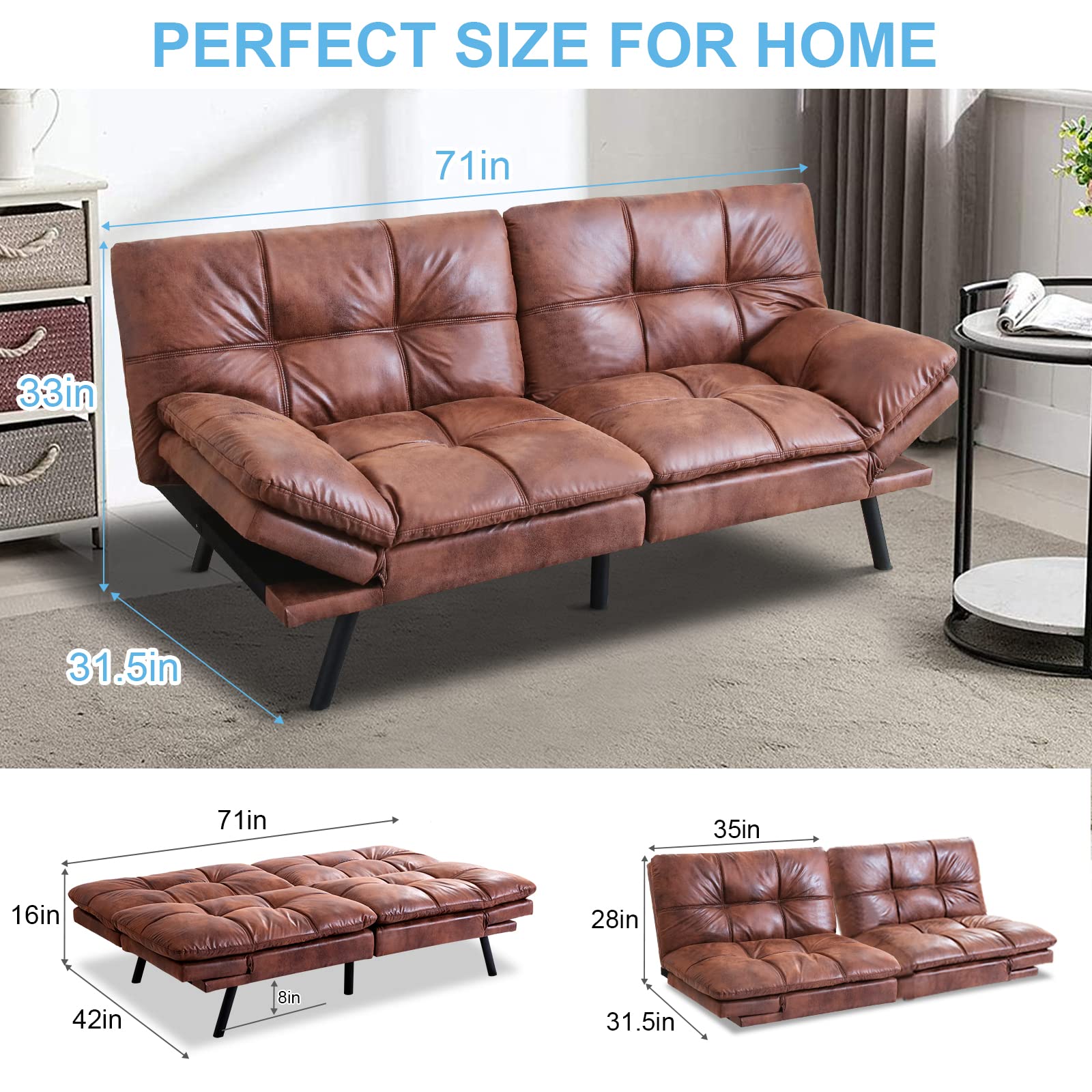 MUUEGM Futon Sofa Bed Couch,Memory Foam Convertible Futon Sleeper,Loveseat Splitback Sofa with Adjustable Armrest Backrest for Living Room,Office,Dorm,Apartment,71'' Futon,Faux Leather,Brown
