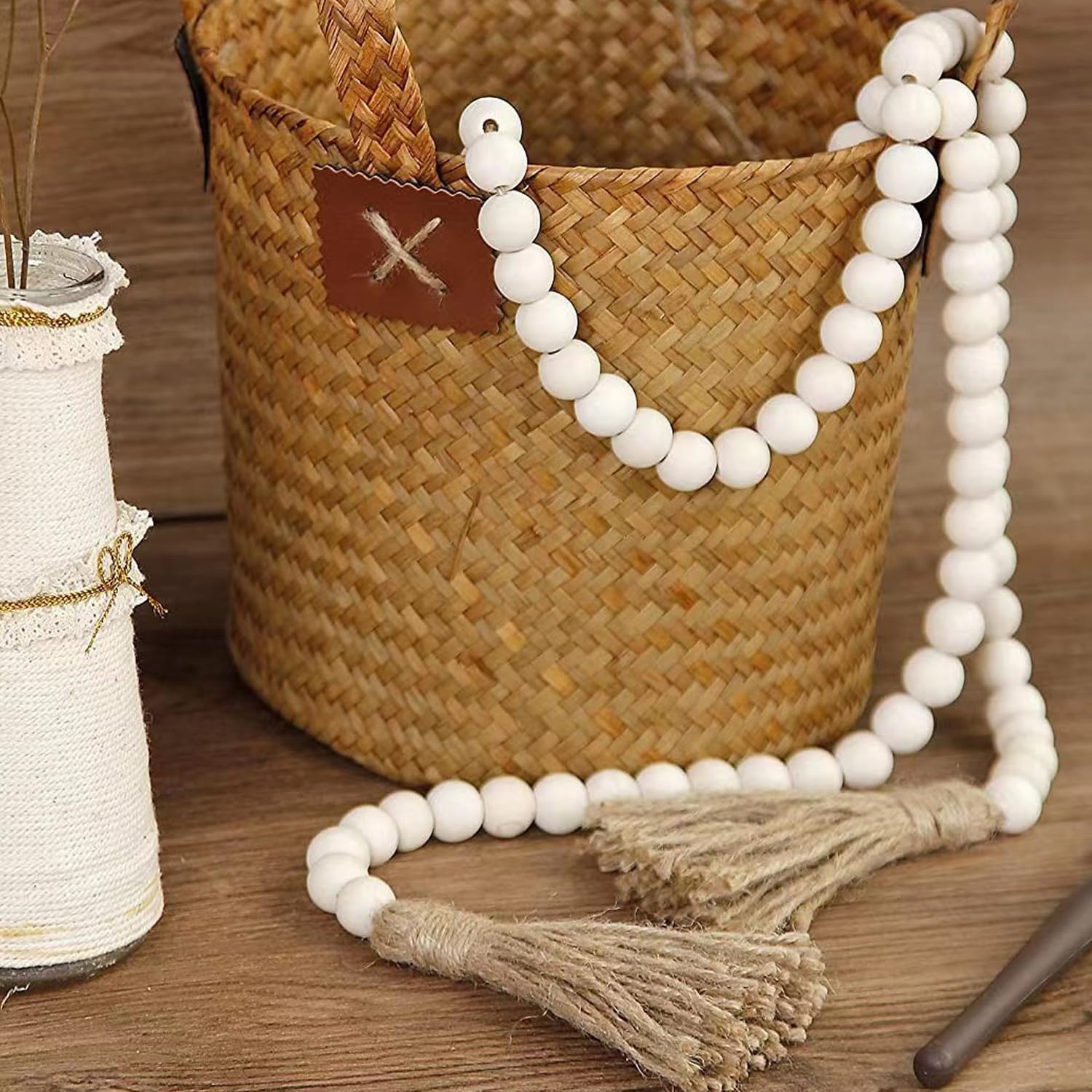 58 in Wood Bead Garland with Tassels, Farmhouse Beads Rustic Wooden Prayer Beads Boho Beads for Style Mirrors, Vases, Sideboards, Coffee Tables Decor (Nature)