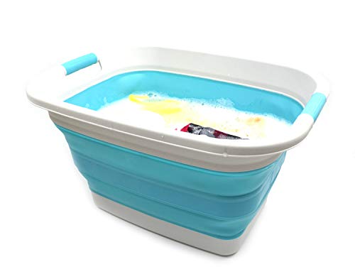 SAMMART 37L (9.77 Gallon) Collapsible Plastic Laundry Basket - Foldable Pop-Up Storage Container/Organizer - Portable Washing Tub - Space Saving Hamper/Basket (1, Grey/Bright Blue)