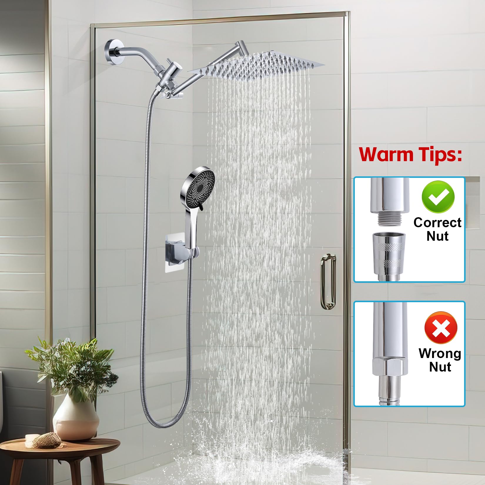 Shower Head,8”Rain Shower Head with Handheld Spray Combo with 11'' Angle Adjustable Extension Arm/Flow Regulator/Shower System,High Pressure Rainfall Shower Head Clean Bathroom,Chrome