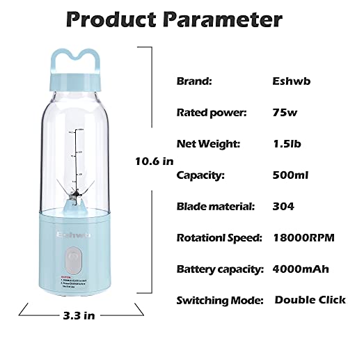 Eshwb Portable Blender,Personal Blender for Shakes and Smoothies, Mini Blender USB Rechargeable with 6 Blades, Handheld Blender for Sports Travel and Outdoors (Blue)