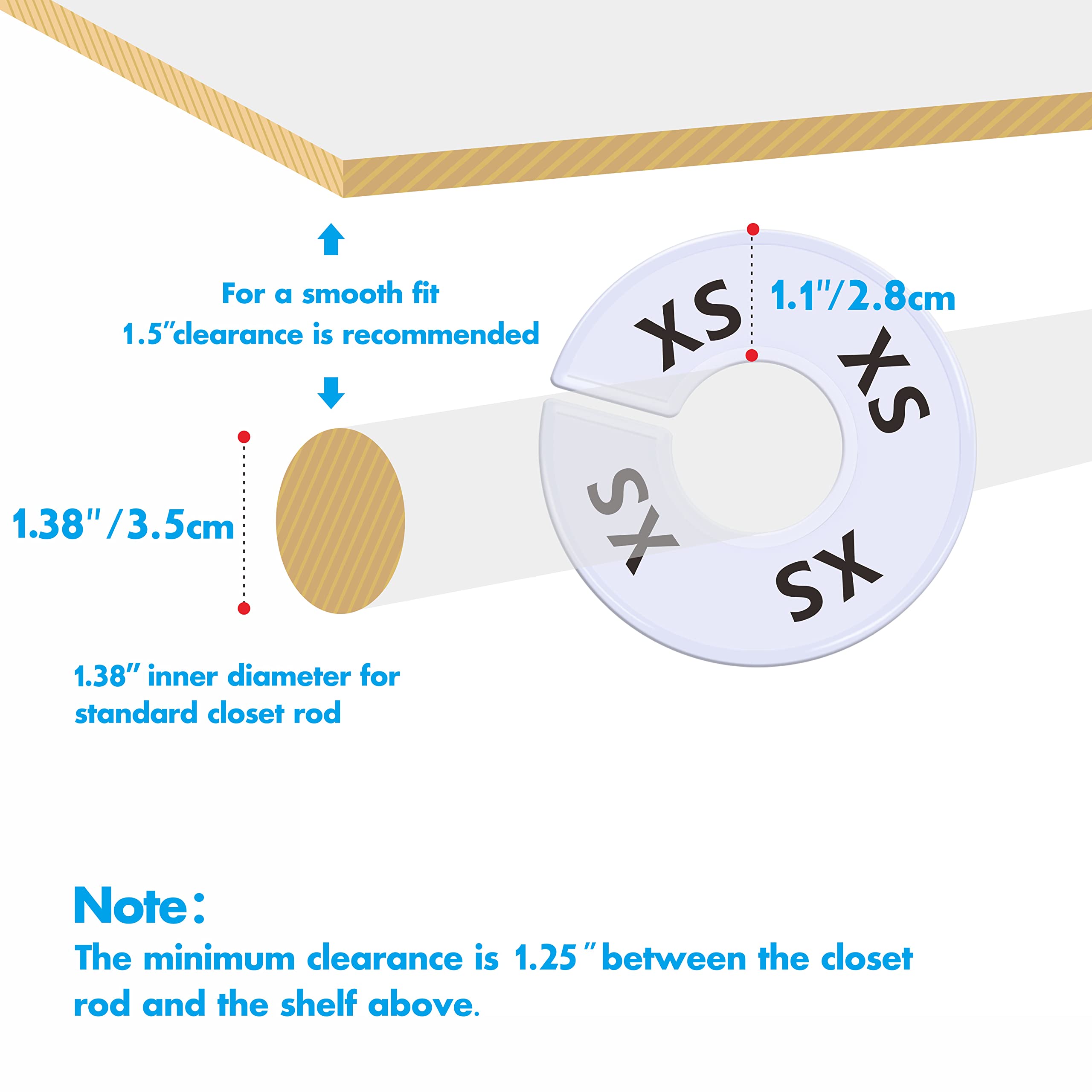 40 Pack Round White Plastic Clothing Size Closet Rack Dividers Hangers, Preprinted in 8 Sizes XXS, XS, S, M, L, XL, XXL, XXXL (Outer 3.5β, Inner Diameter 1.38β)