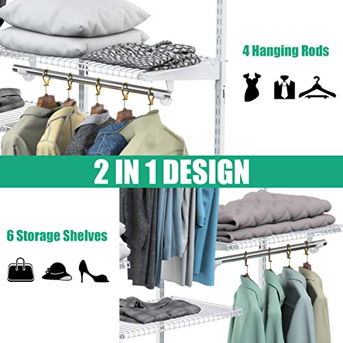 Tangkula 4 to 6 FT Custom Closet System, Wall Mounted Closet with Hanging Rod, Metal Hanging Storage Organizer Rack Wardrobe with Shelves, Adjustable Closet System Kit for Bedroom