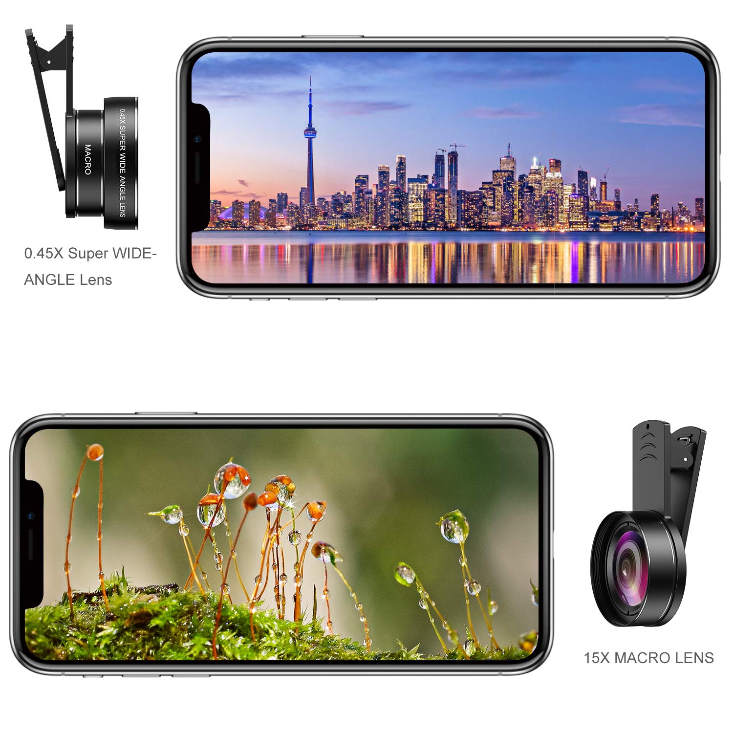 Criacr Phone Camera Lens, 0.45X Super Wide Angle Lens, 15X Macro Lens, Clip-On 2 in 1 Professional for iPhone Lens Kit for TIK Tok, Vlog, Yotube, Compatible with iPhone, Samsung, Google Pixel