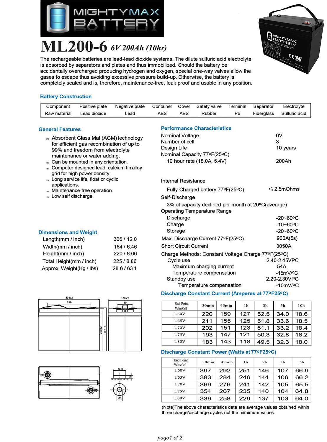 ML200-6 - 6 Volt 200 AH, Internal Thread (INT) Terminal, Rechargeable SLA AGM Battery