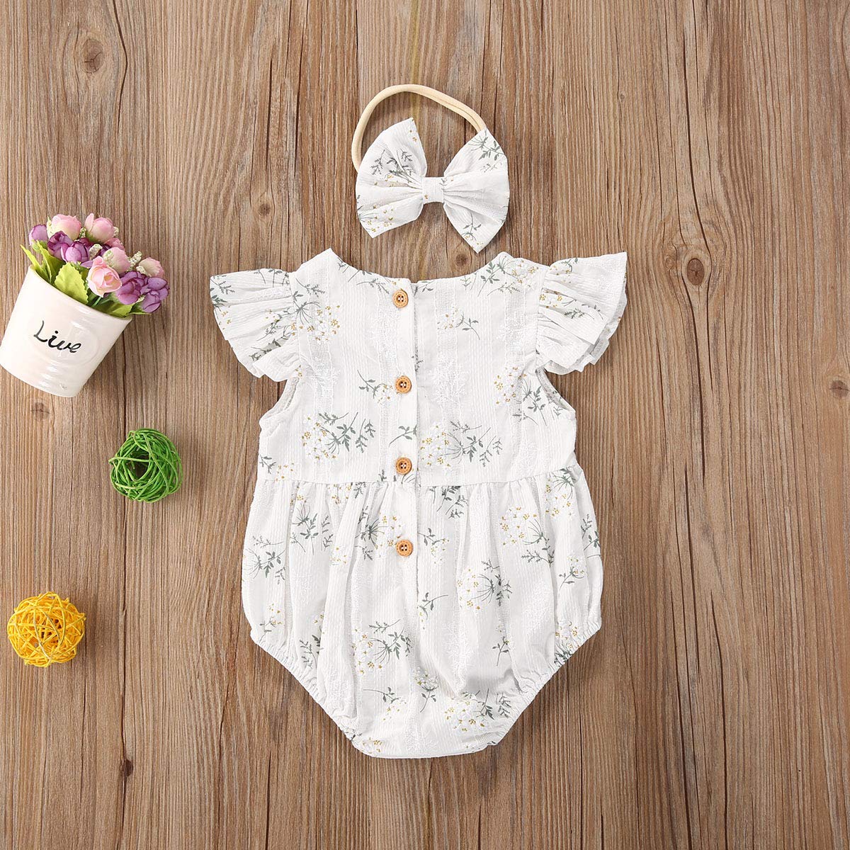 Newborn Baby Girl Romper Floral Ruffle Sleeveless Jumpsuit Cotton Bodysuit with Headband Summer Clothes Outfit (A-White, 0-6m)