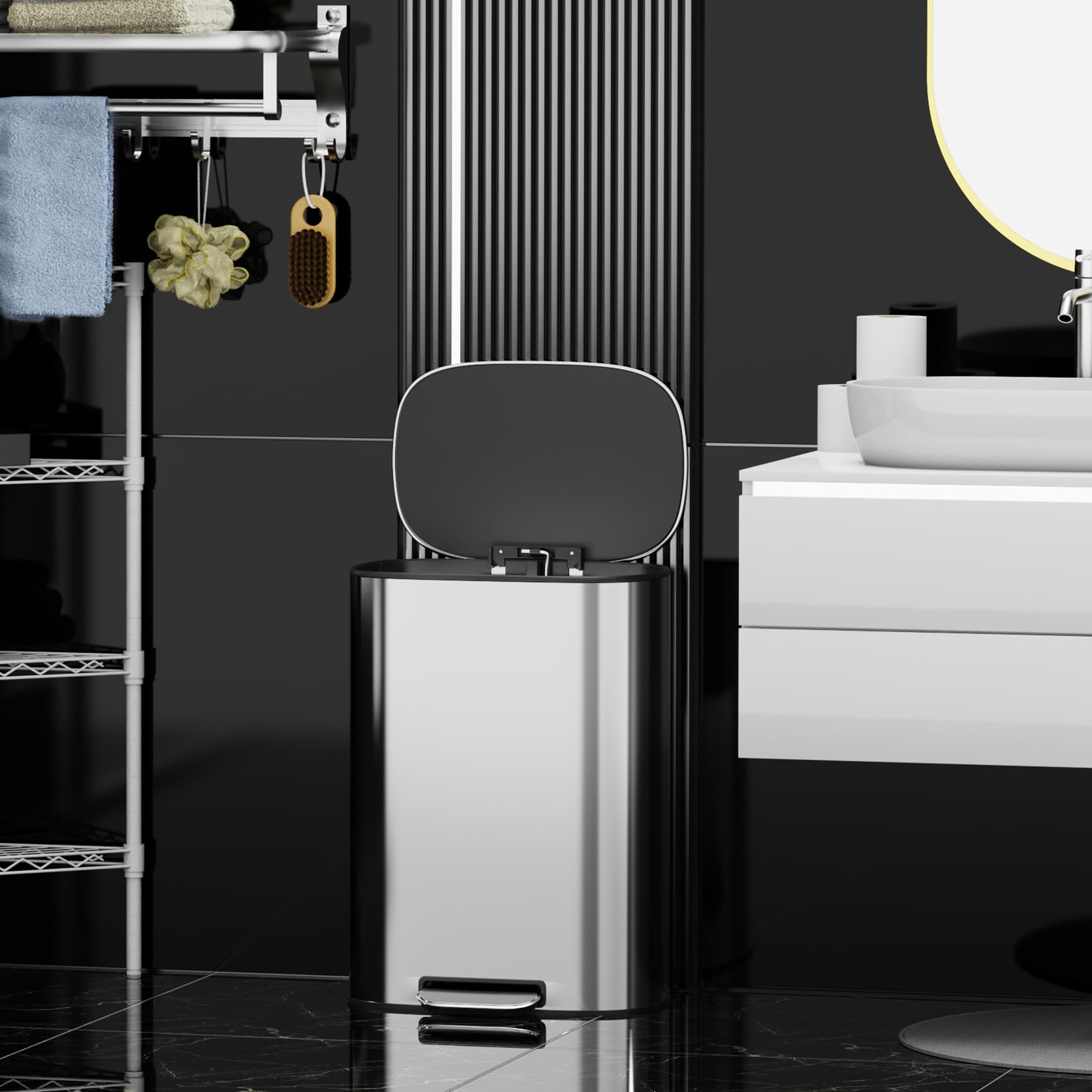Fulocseny Oval Pedal Trash Can, 13 Gallon/50L, Soft-Close Silent Lid and 30 Garbage Bags, Stainless Steel Thickened Body Garbage Can for Kitchen, Commercial, Office, Living Room - Silver