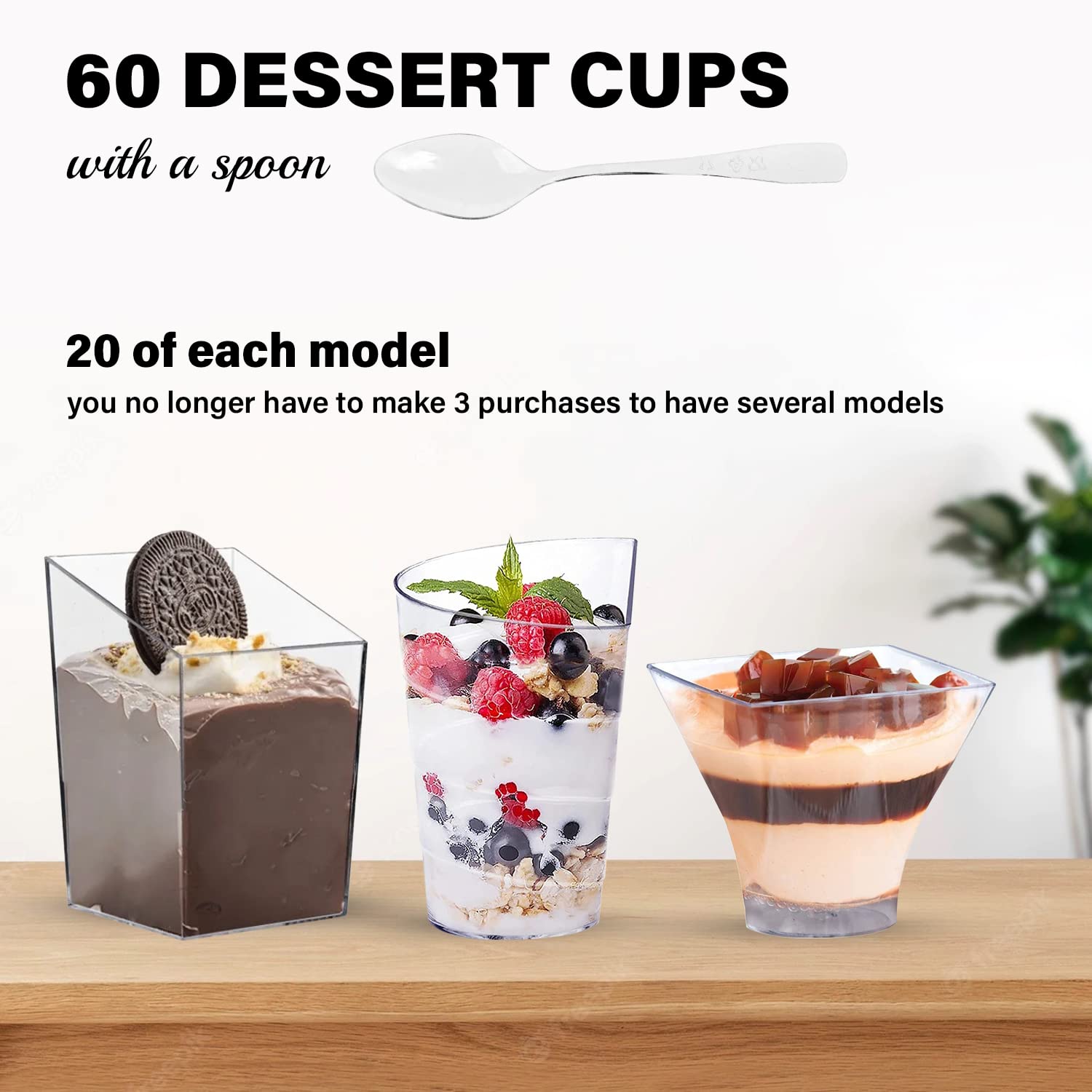 60 pack dessert cups of 3 oz, 2.5 oz and 2 oz. 3 varieties in size and shape also 20 of each shape perfect for appetizer, dessert and serving parties, plus FREE 60 spoons