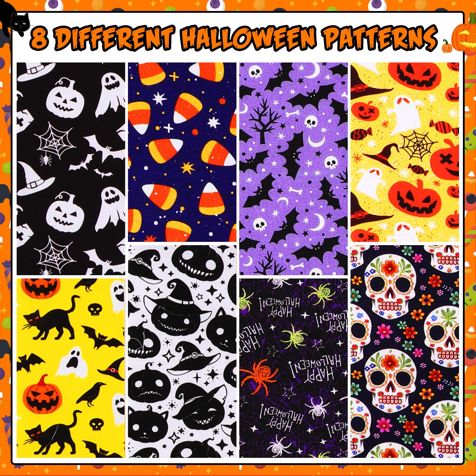 40 Pcs Halloween Cotton Jelly Fabric Roll 40 x 2.6 Inch Quilting Ghost Pumpkin Skull Candy Spider Bat Pre Cut Sewing Fabric Strips Jelly Fabric Roll for Halloween DIY Patchwork Decorations Supplies