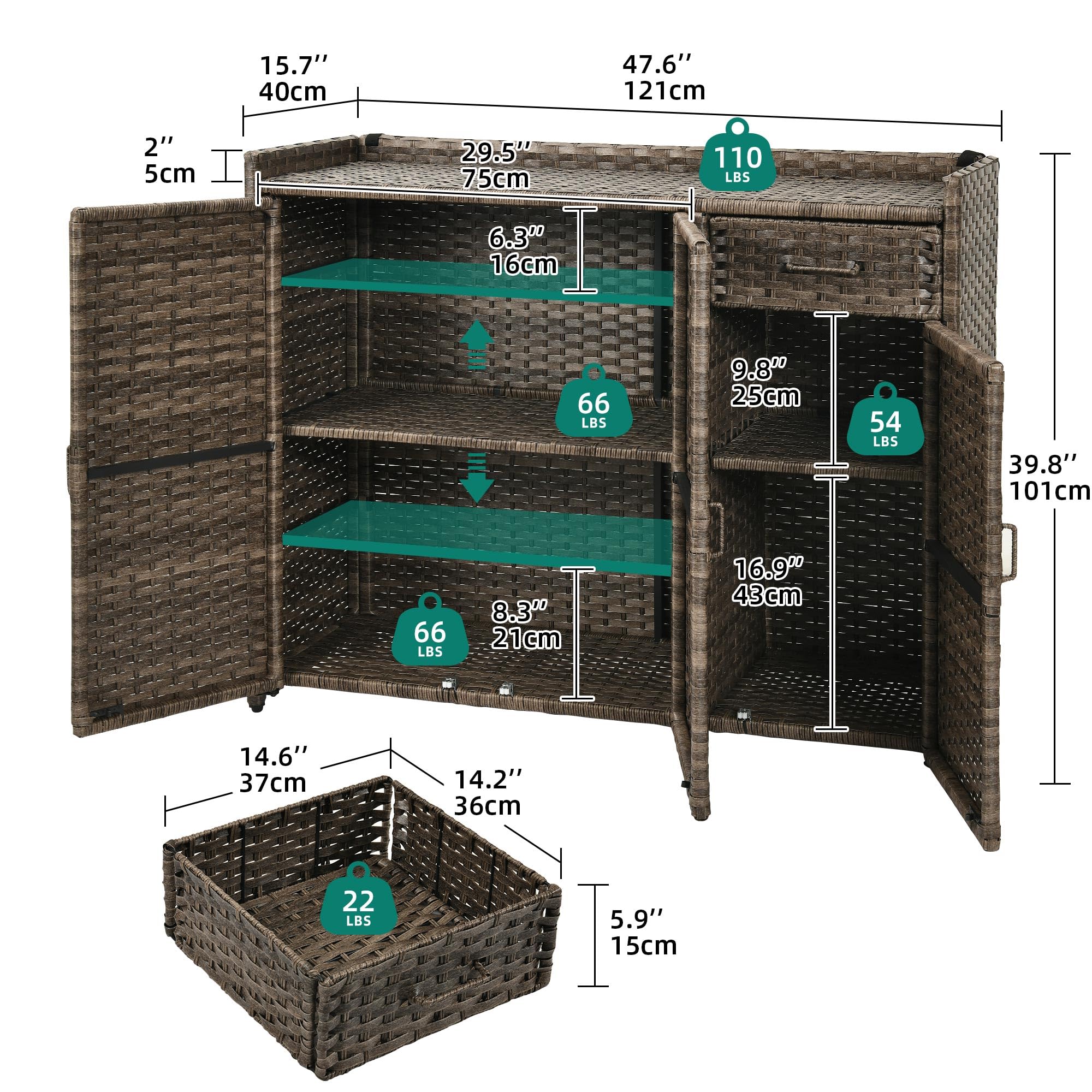 YITAHOME Outdoor Storage Cabinet, Weather-proof Rattan Bar Table with Two Doors, Adjustable Shelves & Foldable Drawer, Wicker Patio Storage Box for Outdoor Cushions, Pool Toys and Garden Tools - Brown