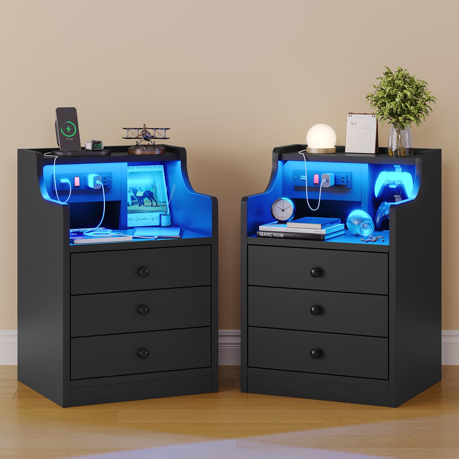 ADORNEVE Black Nightstand Set of 2,LED Nightstand with Charging Station,Bedside Table with Drawers,Modern Side Tables Bedroom