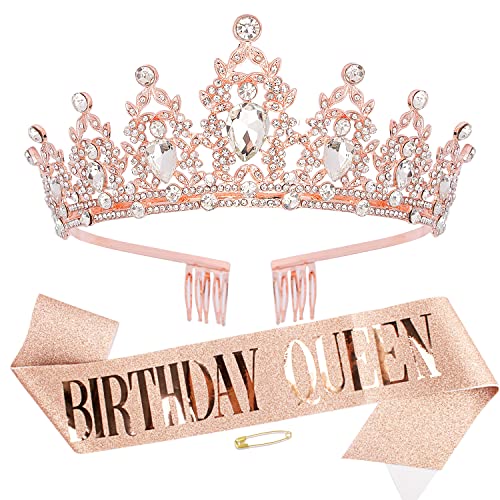 Birthday Queen Sash & Crystal Tiara Kit, Didder Rhinestones Crown Glitter Birthday Sash Birthday Crowns for Women Girls Birthday Tiaras for Women Hair Accessories for Prom Party Gift (Rose Gold)