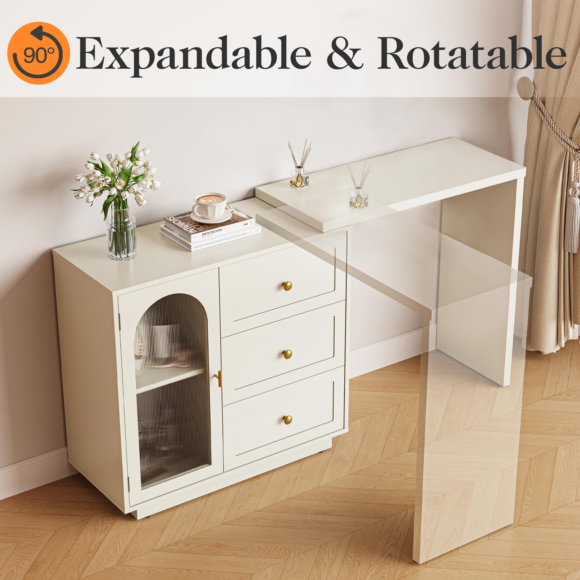 RoyalCraft Makeup Vanity Desk, Extendable Corner Vanity Makeup Table with 3 Drawers & 1 Door, Modern Dressing Table for Bedroom, Cream White Makeup Vanity Without Mirror