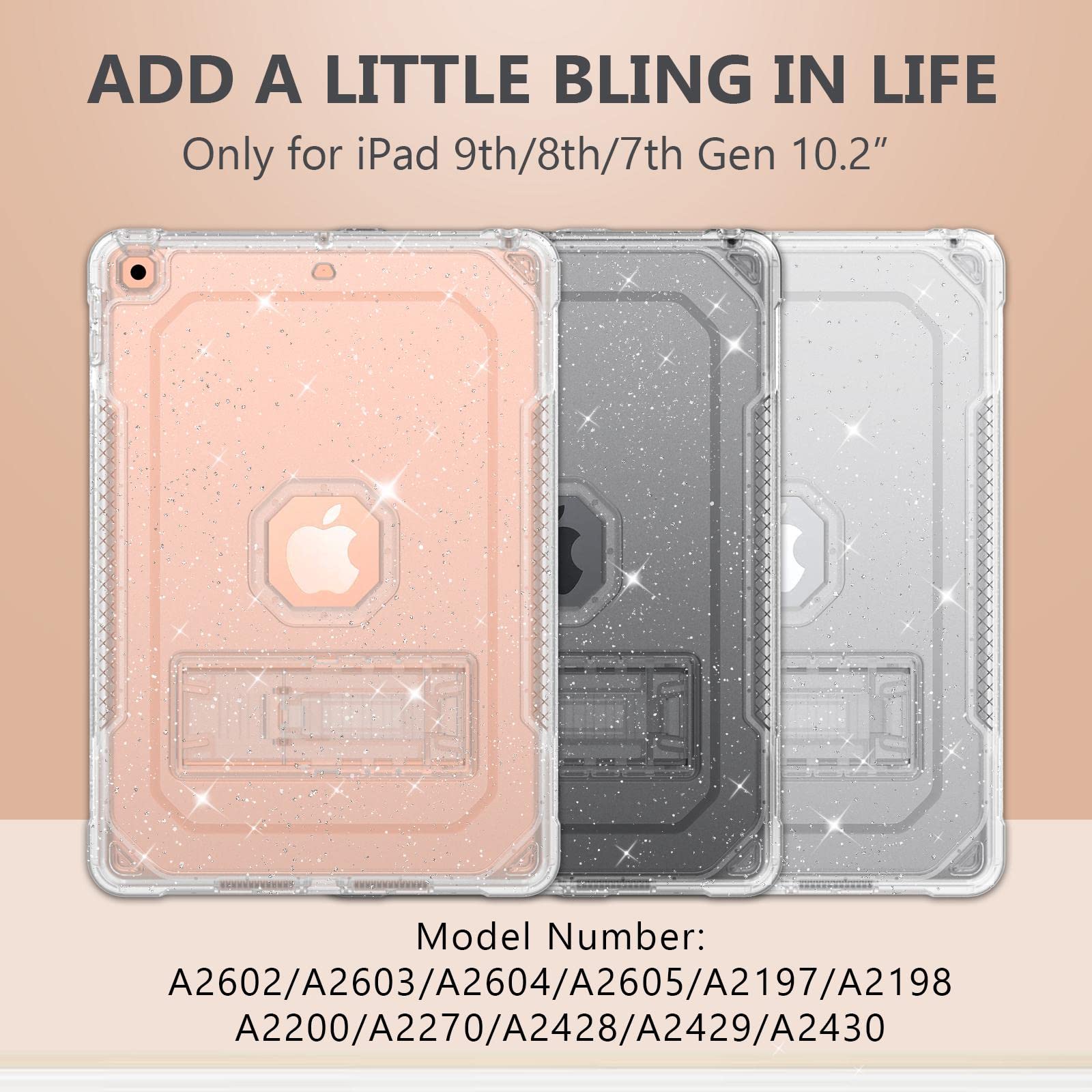 ZoneFoker for iPad 9th Generation Case, for iPad 8th/7th Generation 10.2 inch Case 2021/2020/2019,Clear Glitter Slim Shockproof Hard iPad 9 8 7 Gen Cute Cover with Stand for Kids/Girls/Women