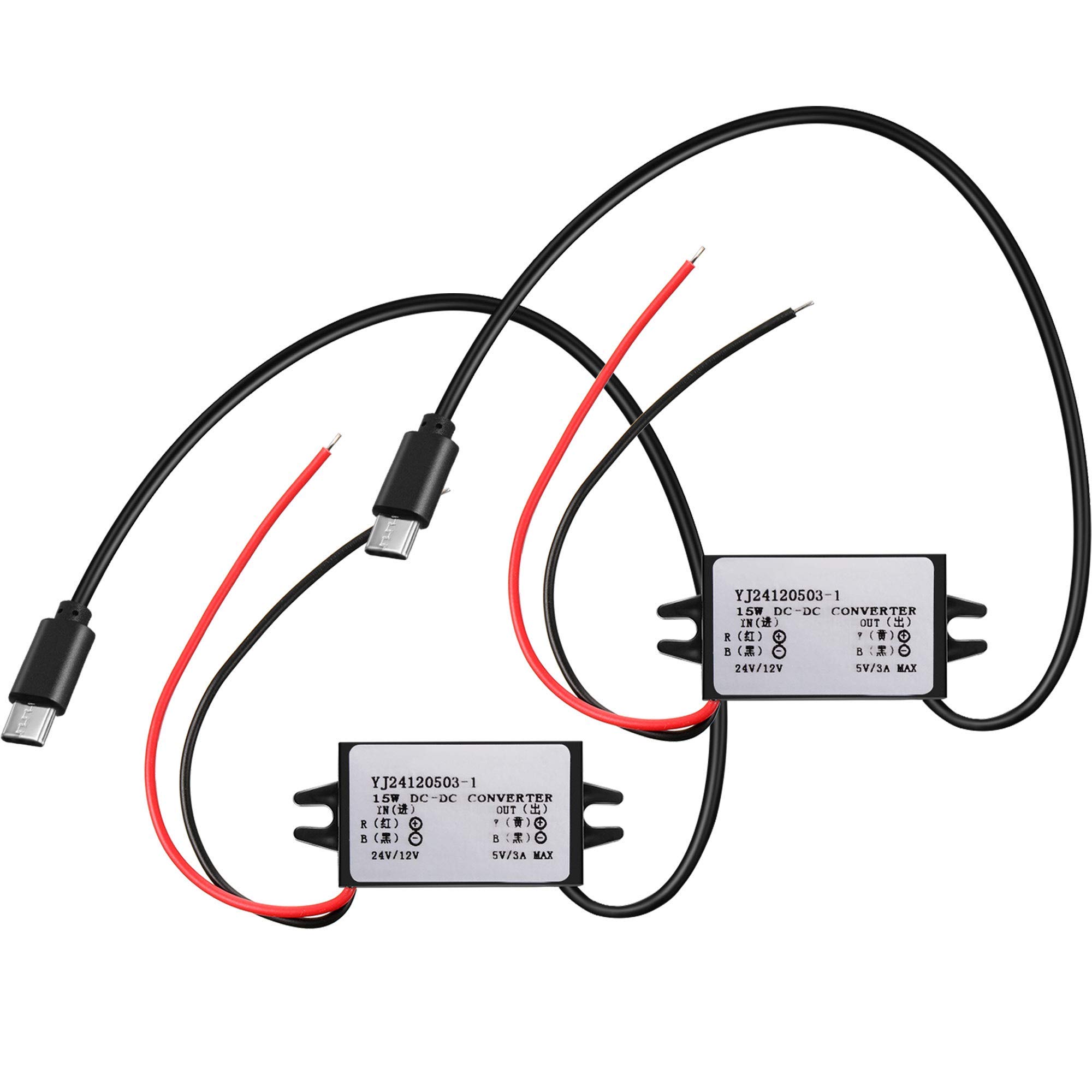 Weewooday 2 Pieces DC Converter 12V to 5V 3A 15W DC Buck Module, DC to DC Reduced Voltage Regulator Car Power Converter Output Power Adapter (Double USB Interface)(Straight Type-C Interface)