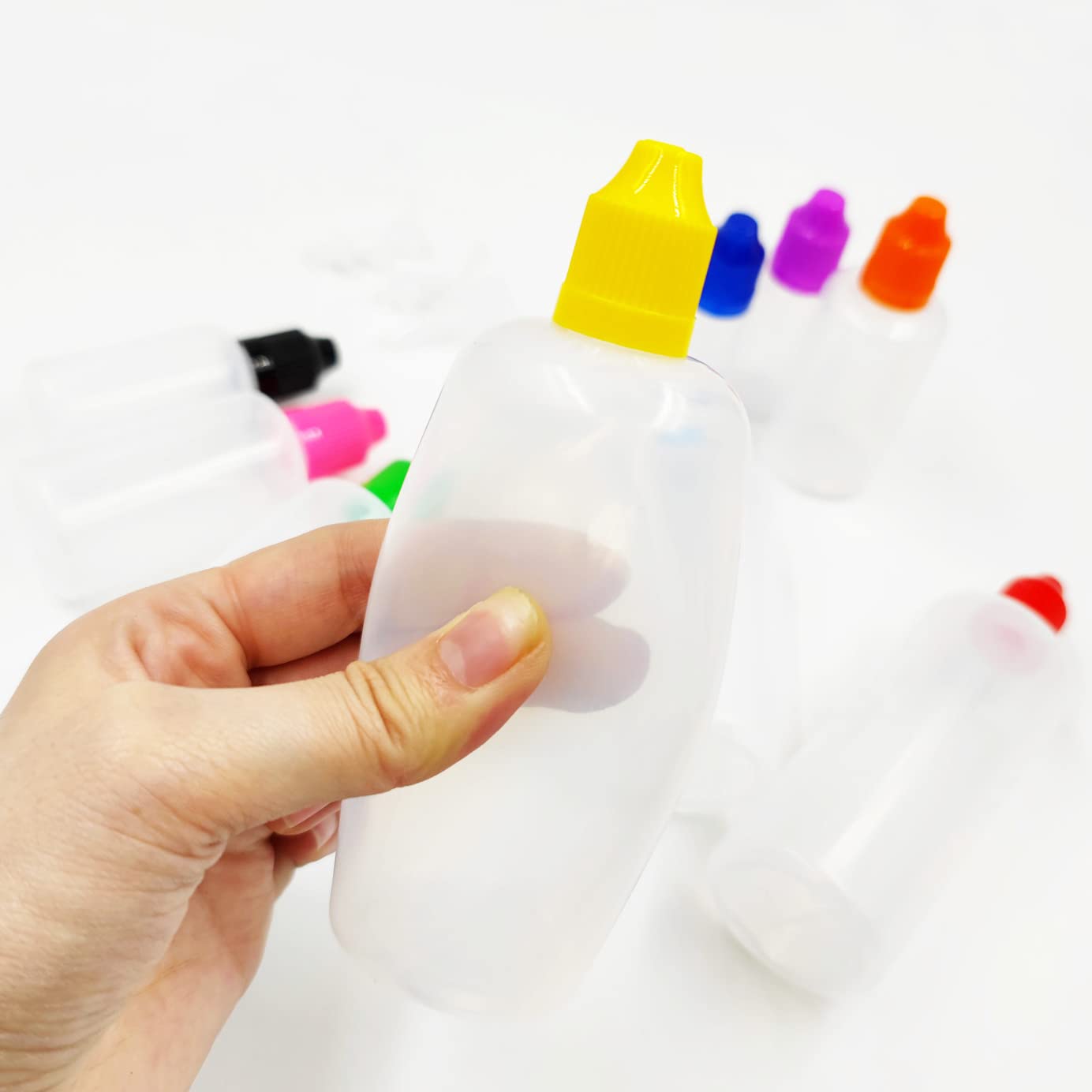 NANSHINE 10MLx50 LDPE Plastic Dropper Bottles Empty Squeeze Liquid Eye Dripper Containers with Child Resistant Cap (Bottles + Mixing Color Caps + Tips+label)