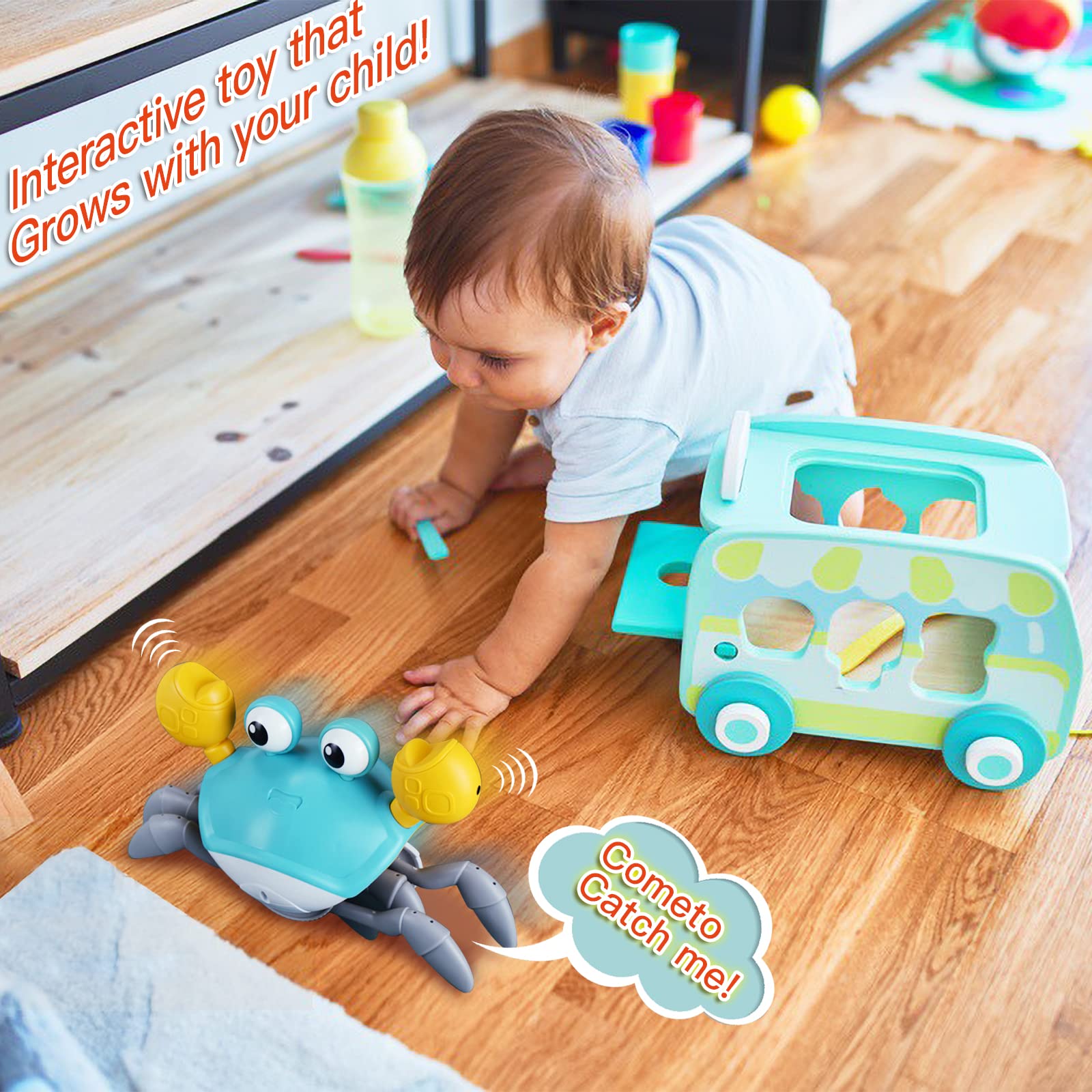 DASDSA Crawling Sensory Tummy time Toys for 1 Year Old boy Girl,Walking Crab Baby Toys Moving Dancing with Music and Light,Avoid Obstacles, Interactive Development