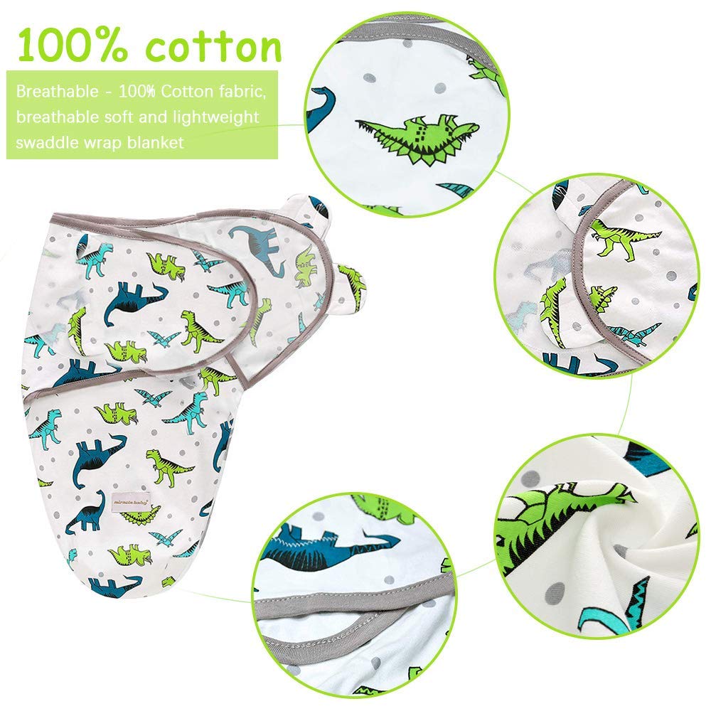 Miracle Baby Newborn Swaddle Blanket Adjustable Wrap Receiving Blanket Baby 100% Cotton Sleep Bag 0-3 Months 3-6 Months(0-3 Month,Dinosaur)