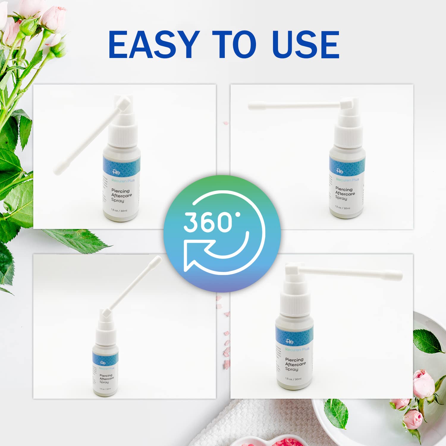 Recuren Plus Piercing Aftercare Spray Solution to Shrink Piercing Bumps, Suitable for Ears, Nose, Tongue, Navel Piercings, Cleansing Treatment, Soothing Mist 30ml (1PACK)
