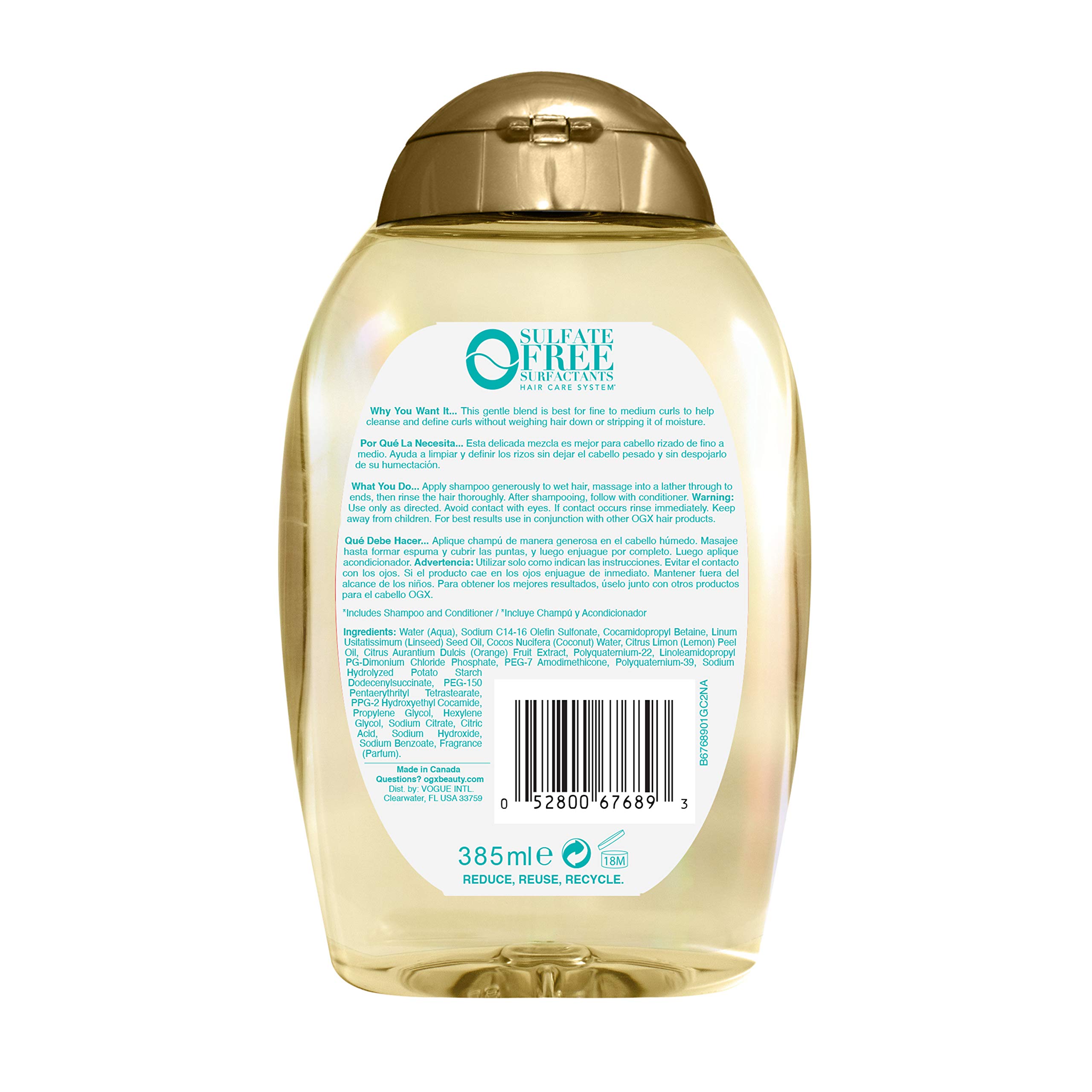 OGX Lightweight + Coconut Fine Curls Shampoo, Lightweight, Shampoo for Curly Hair, Coconut Water Shampoo, Flaxseed Oil, Citrus Oil, 13 Fl Oz