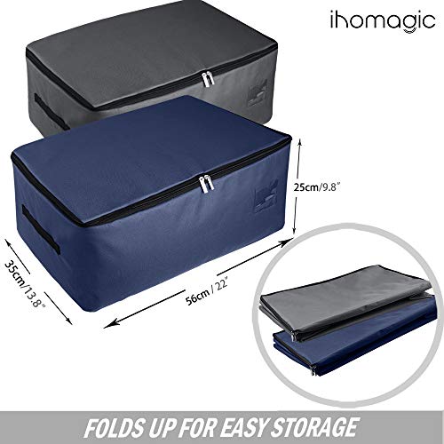 IHOMAGIC 2-Pack Under Bed Storage Bag, Zippered Clothes Storage Organizer with Handles - Storage Bins with Clear Pocket to Insert Label β for Clothing, Blankets, Towels 49L(Navy Blue/Dark Grey, S)