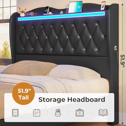 ADORNEVE LED Bed Frame Queen Size with Tall Headboard Footboard, Charging Station, PU Leather Upholstered Platform Queen Bed with Wingback Storage Headboard, Innovative Stable Structure, Black