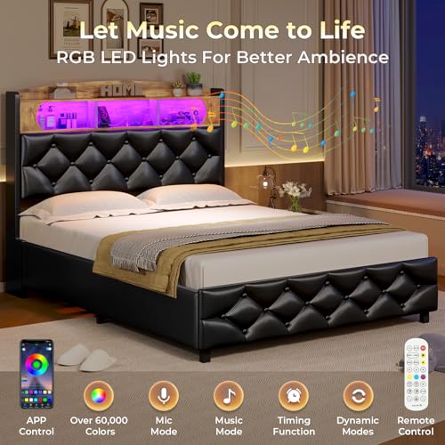 ADORNEVE Lift Up Storage Bed Frame Twin Size with LED Lights Headboard and Charging Station, Upholstered Storage Headboard, Hydraulic Storage, Solid Wood Slats Support, Noise-Free, PU Black