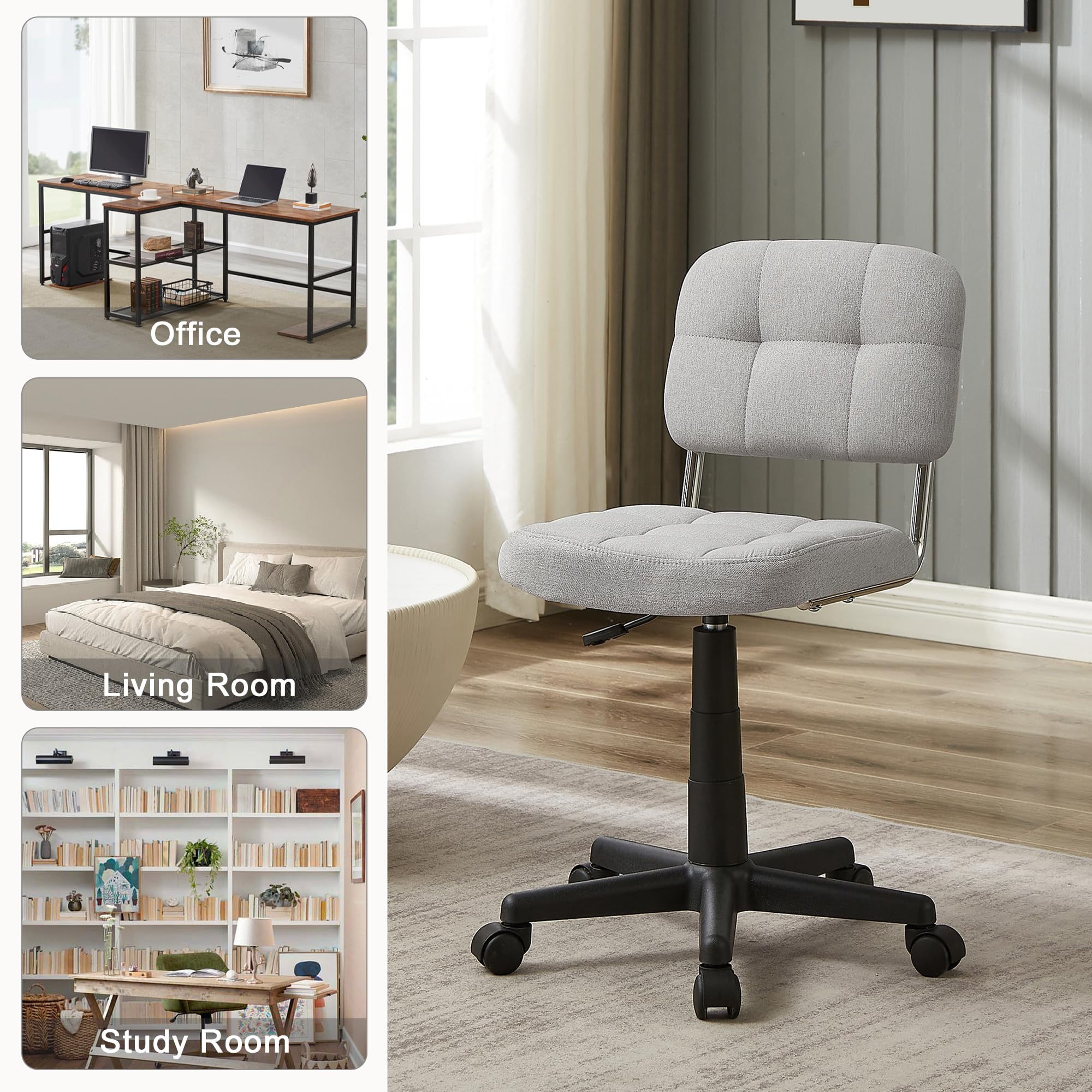 VECELO Modern Armless Home Office Desk Chair, 360°Rolling Swivel Adjustable Height for Make Up/Bed Room/Small Space, Linen Fabric, Gray