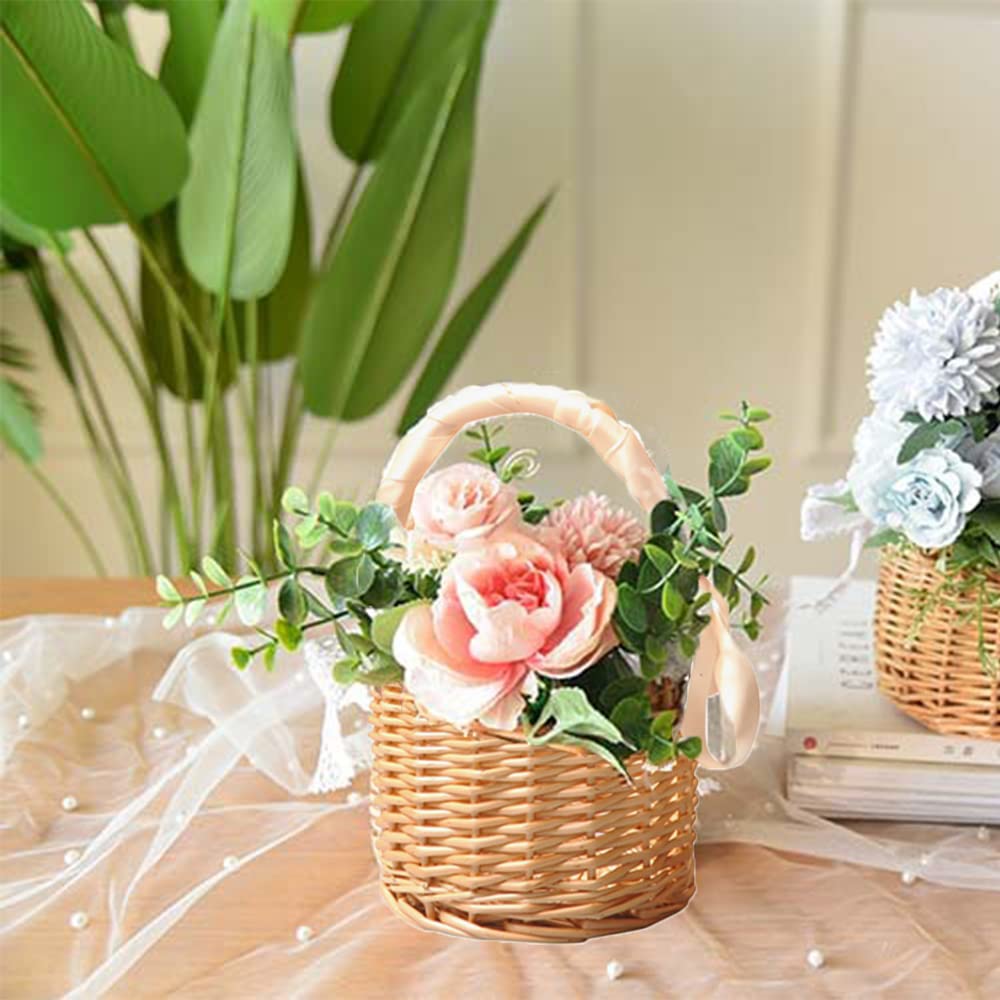 Dasing Wicker Woven Basket Wedding Flower Girl Baskets Willow Hand Woven Basket with Handle and Ribbon Bow Woven Eggs Candy Basket Flower Basket for Wedding Home Garden Decor