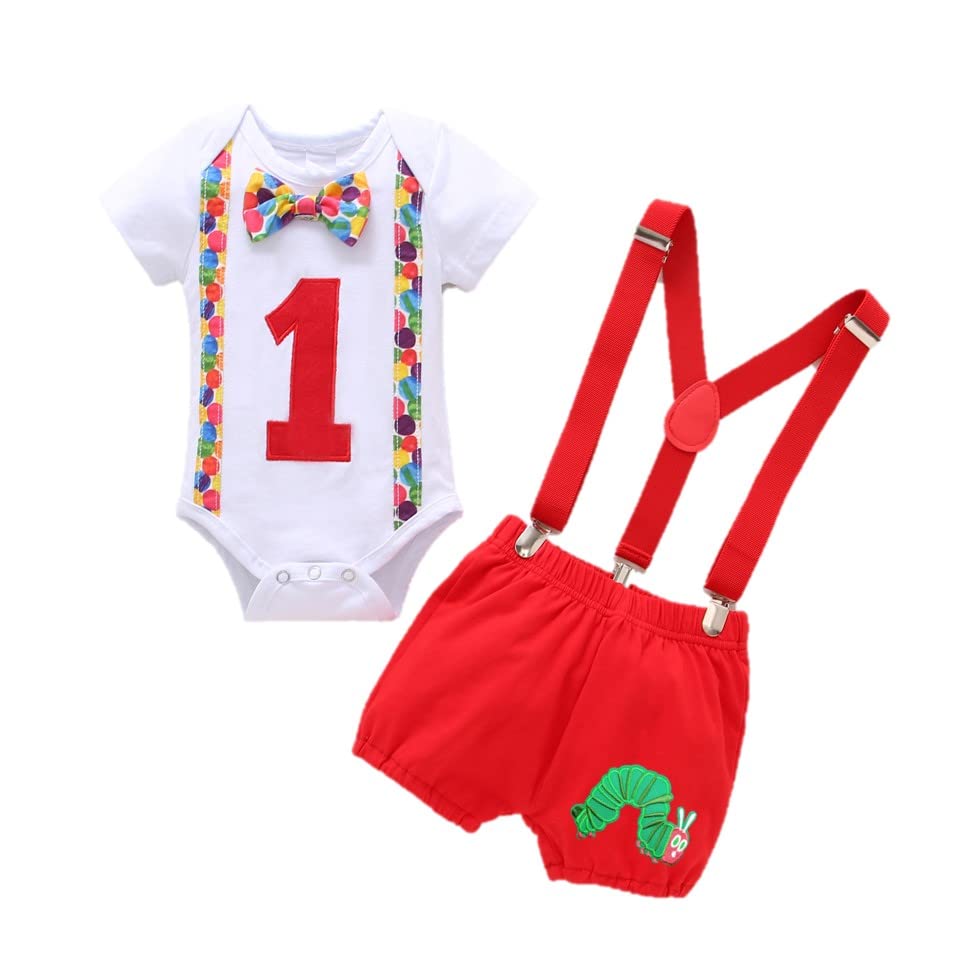 Boy First Birthday Outfit Cake Smash The Very Hungry Caterpillar Crown Suspenders Shorts Pants Bodysuit Set (Outfit not Crown, 18-24 months)