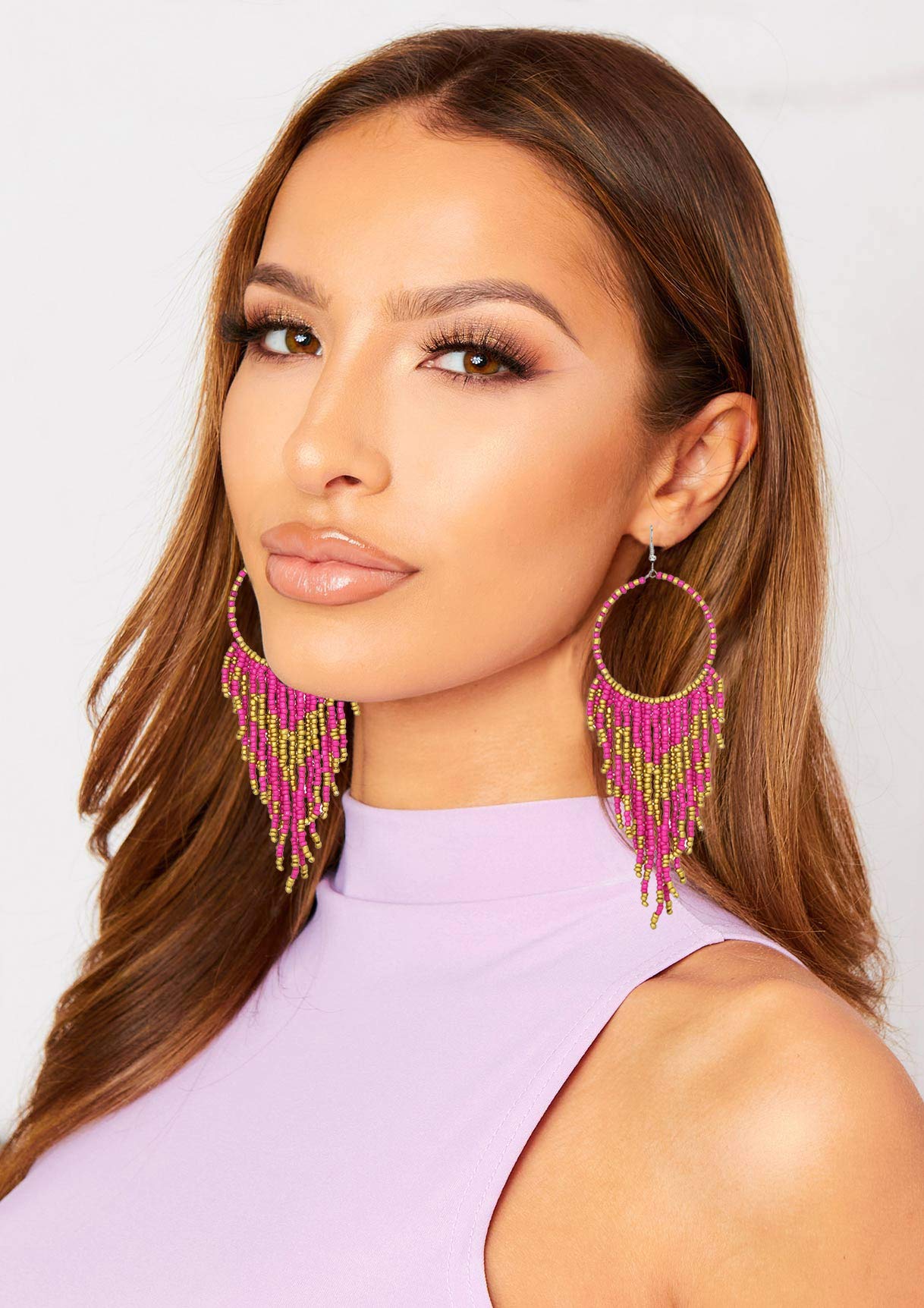 4-6 Pairs Long Beaded Tassel Dangle Earrings Handmade Bohemian Multicolor Statement Seed Beads Drop Earrings for Women (A)