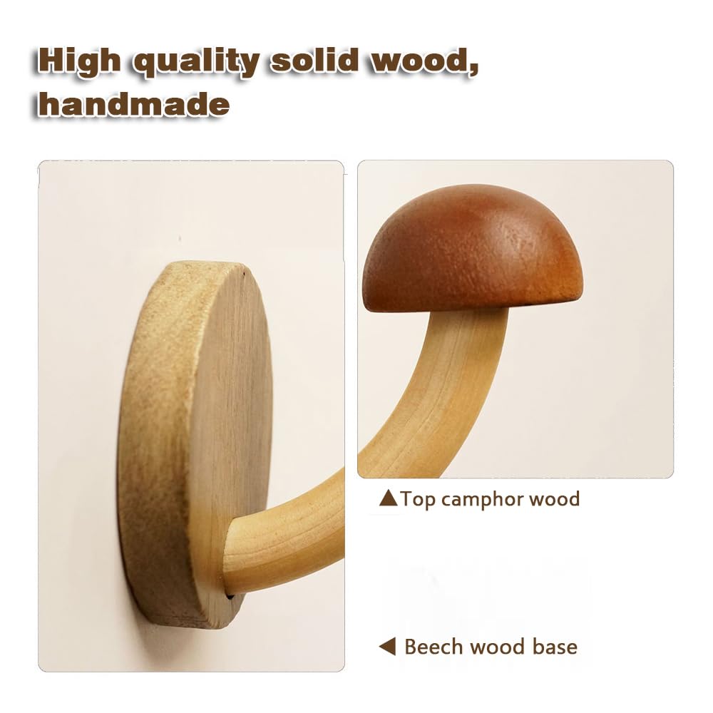 Auntzyj Fun Wooden Mushroom Coat Hook, Non-Perforated Solid Wood Hook,Mushroom Wall Hook Hanger, Kitchen Bathroom Cloakroom Door Towel Hooks (Pack of 4)