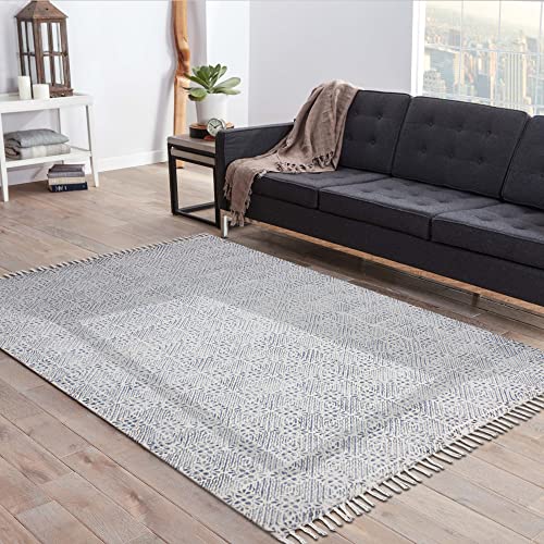 Casavani Hand Made Cotton Dhurrie Abstract Blue & Beige Tassel Rug Easy Care Washable Rugs for Doormat Entryway Living Room Bedroom Hallway Balcony 12x12 Feet Square