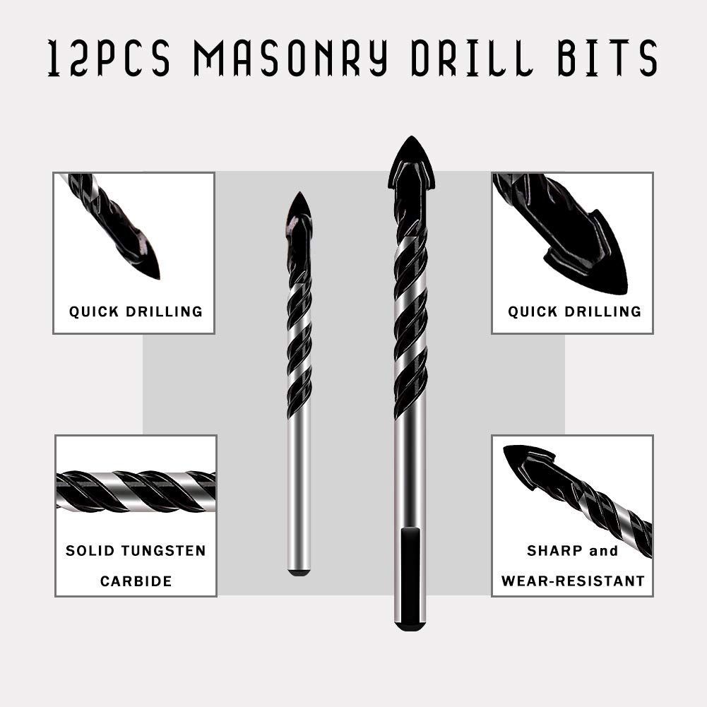 JOHOUSE 12PCS Masonry Drill Bits Set & Concrete Drill Bit, Professional Masonry Bit Tile Drill Bits Set Cement Drill Bit, 4mm to 12mm