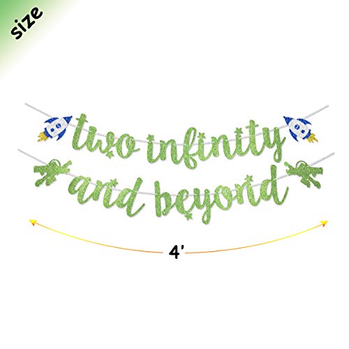 Light Green Glitter Two Infinity and Beyond Banner Pre-strung for Kids' 2nd Birthday Party Decorations