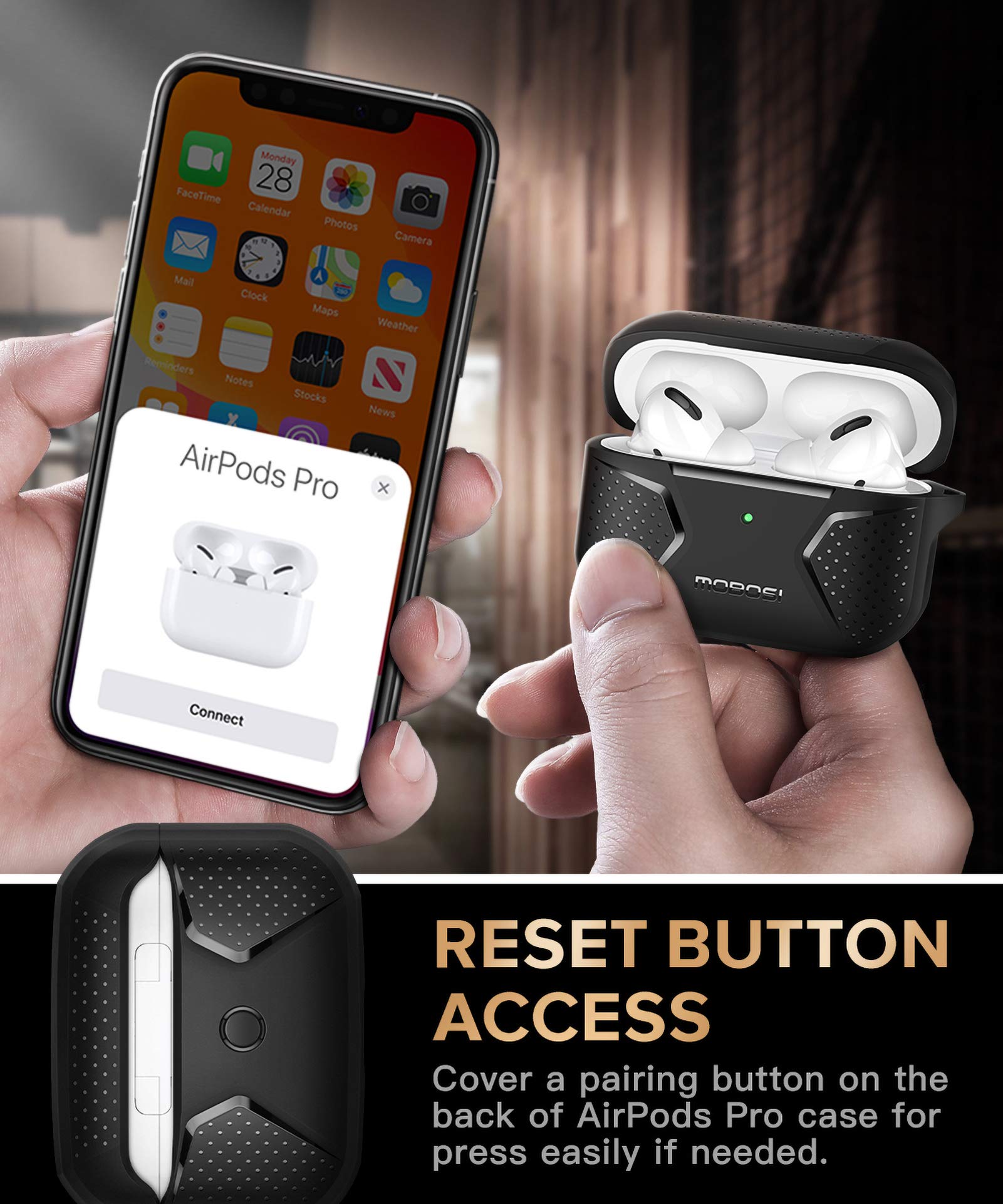 MOBOSI Net Series Silicone Airpods Pro Case Cover for AirPods Pro, Full-Body Rugged Shock Absorbing Protective Carabiner Compatible with Airpod Pro Wireless Charging, Black [Front LED Visible]