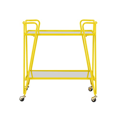 Linon Gina Yellow Mid Century Bar Cart with Mirrored Shelves