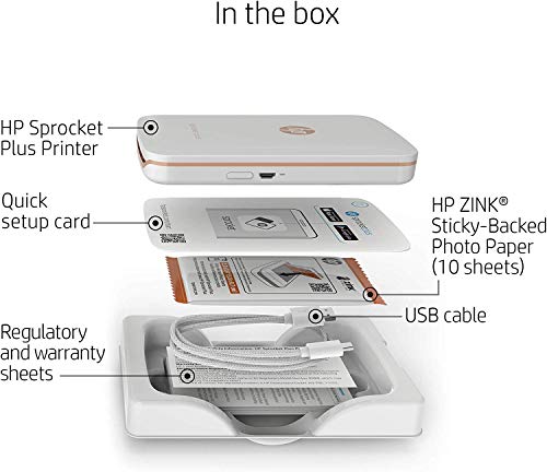 HP Sprocket Plus Instant Color Photo Printer, Print 30% Larger Photos on 2.3x3.4 Sticky-Backed Paper – White (2FR85A)