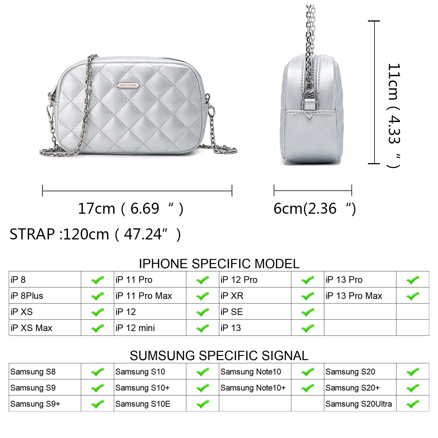 David Jones Trendy Small Cute Silver Bag, Faux Leather Crossover Long Over the Shoulder Womens Purses and Handbags with Chain Strap
