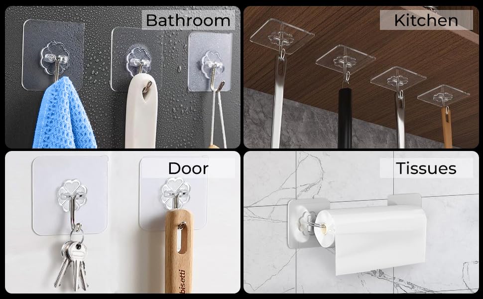 AMAZOPEN Self Adhesive Hooks - 24 Packs of Transparent Wall Door Hooks Stick On/Extra Strong Sticky Hooks for Hanging Coat, Cloth, Towel, Key and More