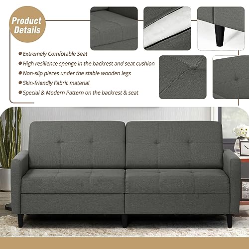 BIVVI 77β Long Linen Fabric Sofa Bed Convertible Loveseat Couch with Adjustable Backrest and Wooden Legs,Sleeper Lounge Couch for Living Room/Dorm/Guest/Home Office/Apartment,Gray