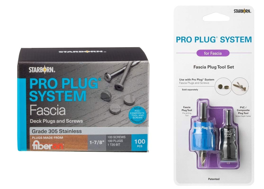 Pro Plug System for Fiberon Fascia Plug & Screw Kit - Fiberon Beach House Fascia Plugs & Stainless Steel Screws- 9 x 1-7/8" T-20 Star Dr- 100 Pieces with Fascia Plug Tool Set