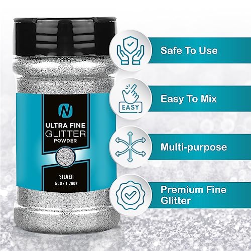 Glitter- Noverbee Silver Glitter, Fine Glitter- 50g Extra Fine Glitter. Great Resin Accessories, Craft Glitter, Glitter Powder for Slime, Powder for Nails, tumblers, Ornaments, Candle.