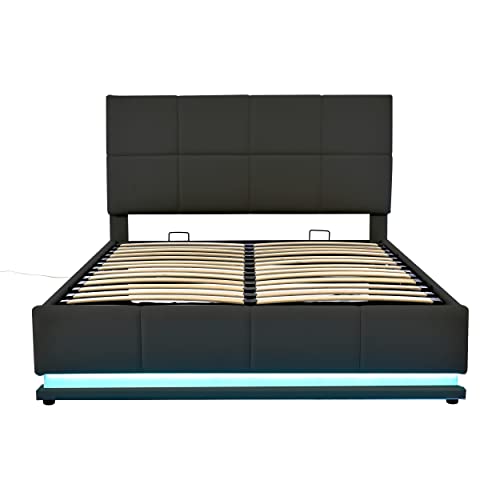 Anwickhomk Queen Size Lift Up Storage Bed/with Storage and LED Light Button Tufted Wingback Headboard and USB Charger, Hydraulic Storage System for Kids Teens and Adults, No Box Spring Needed (Black)